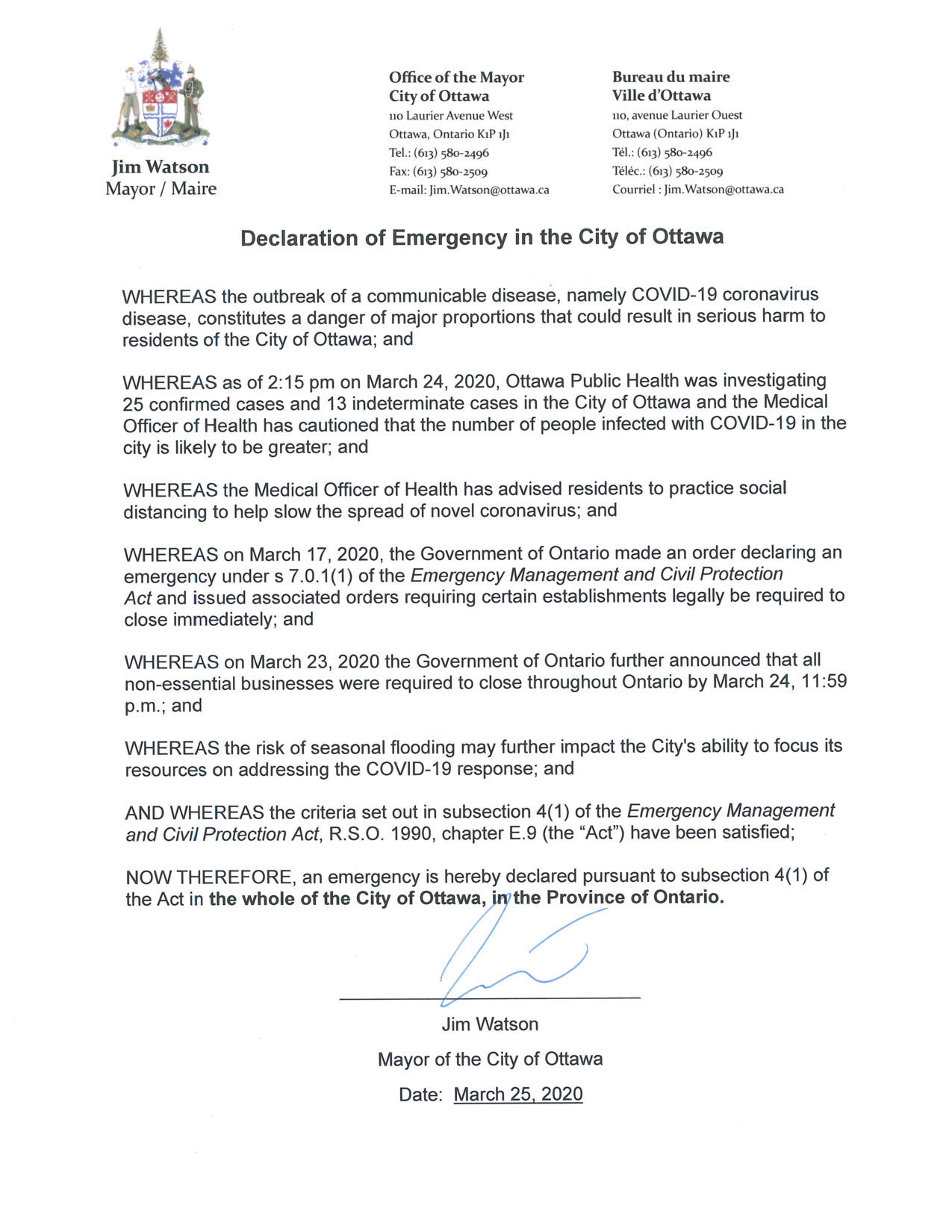 Declaration of Emergency in the City of Ottawa | Déclaration de la ...